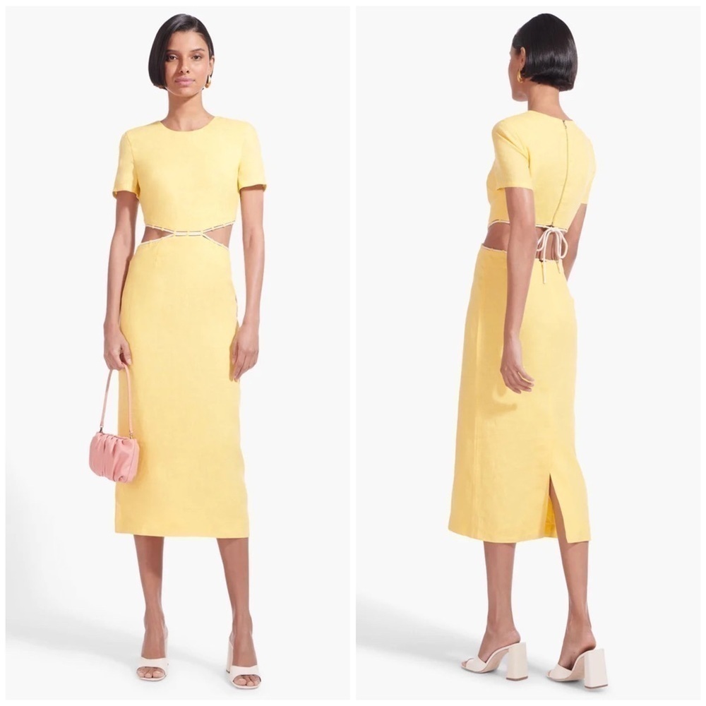 STAUD MATTEO DRESS WALLFLOWER YELLOW WHITE MIDI LINEN… - Gem